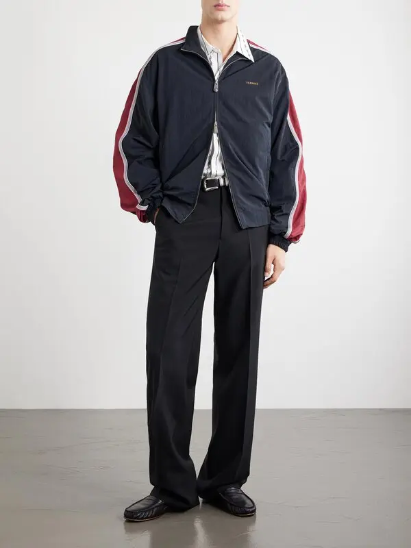 Versace Logo Embroidered Shell Jacket With Greca Motif