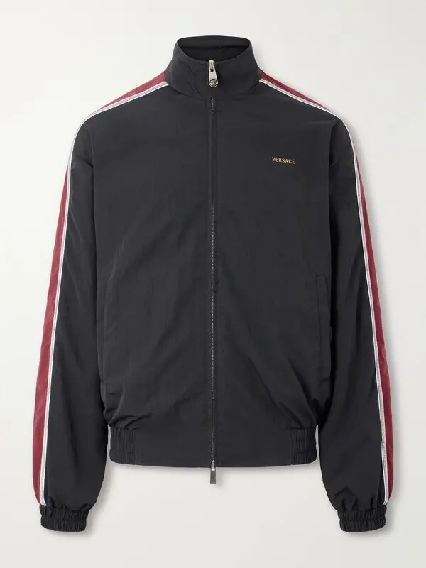 Versace Logo Embroidered Shell Jacket With Greca Motif