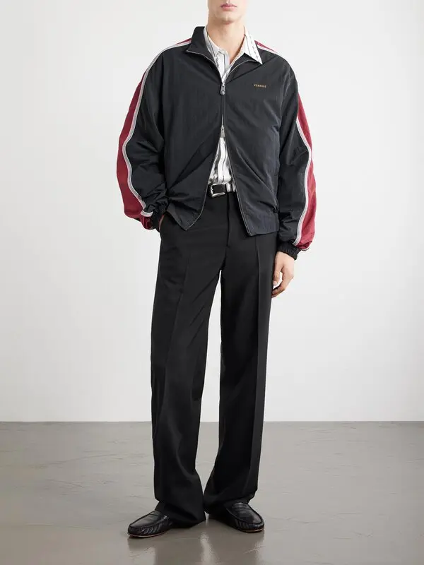 Versace Logo Embroidered Shell Jacket With Greca Motif