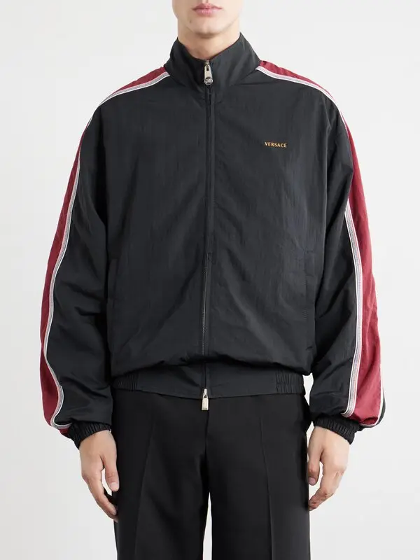 Versace Logo Embroidered Shell Jacket With Greca Motif