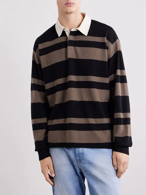 FRAME Striped Wool And Cashmere-blend Polo Shirt - Black