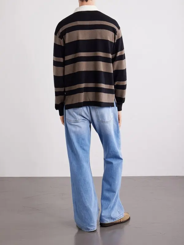 FRAME Striped Wool And Cashmere-blend Polo Shirt - Black