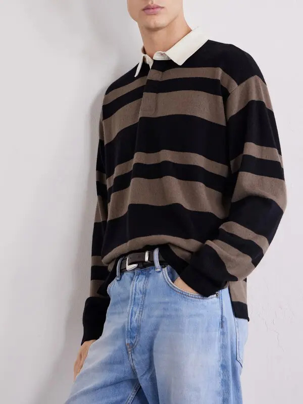 FRAME Striped Wool And Cashmere-blend Polo Shirt - Black