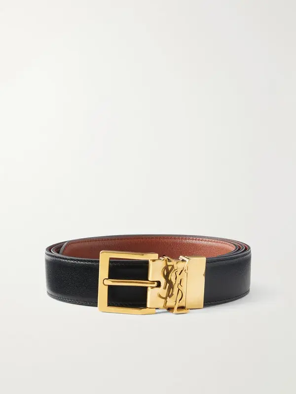 Saint Laurent 3cm Reversible Leather Belt With Cassandre Motif - Black