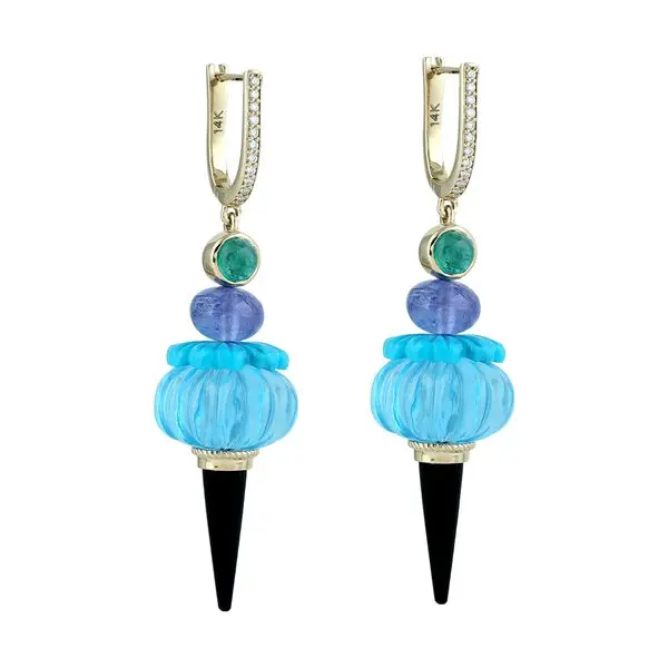 ARTISAN 14k Yellow Gold Swiss Blue Topaz, Emerald, Tanzanite, Carved Turquoise & Diamond Huggie Earrings - Blue/yellow