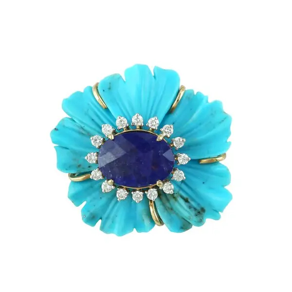 ARTISAN Gold / White / Blue 18k Yellow Gold Carved Turquoise, Tanzanite & Diamond Flower Pendant - Gold/white/blue