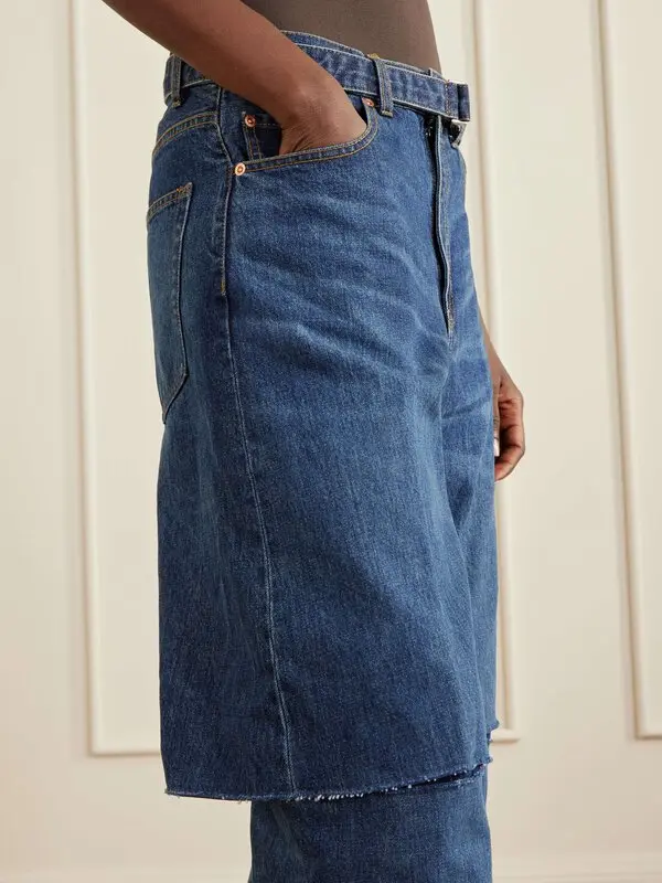 Sacai Belted Cut-out Mid-rise Wide-leg Jeans - Mid Denim