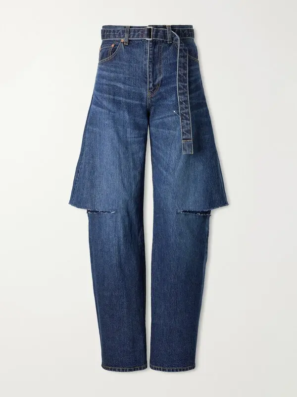 Sacai Belted Cut-out Wide-leg Jeans - Mid Denim
