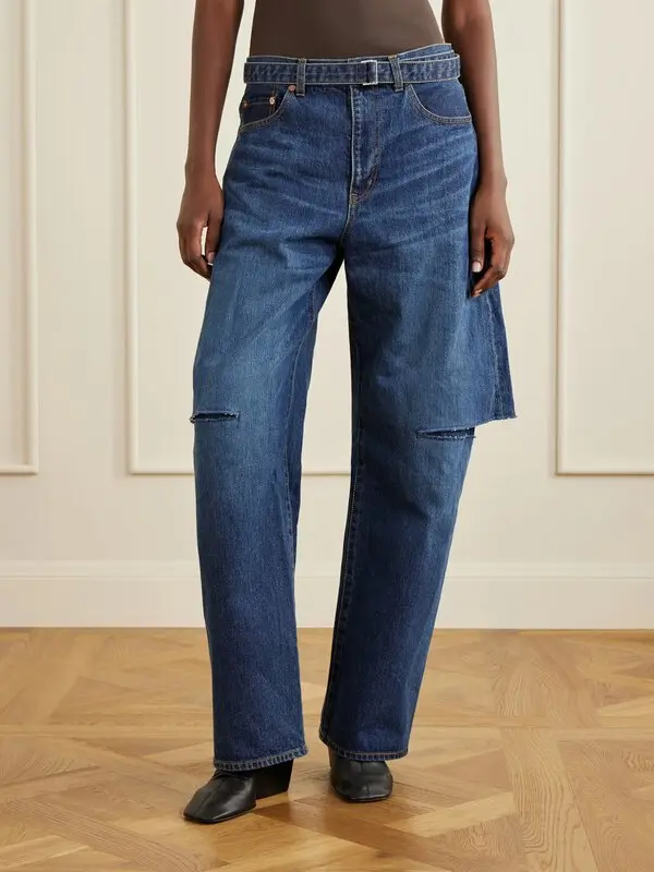 Sacai Belted Cut-out Wide-leg Jeans - Mid Denim