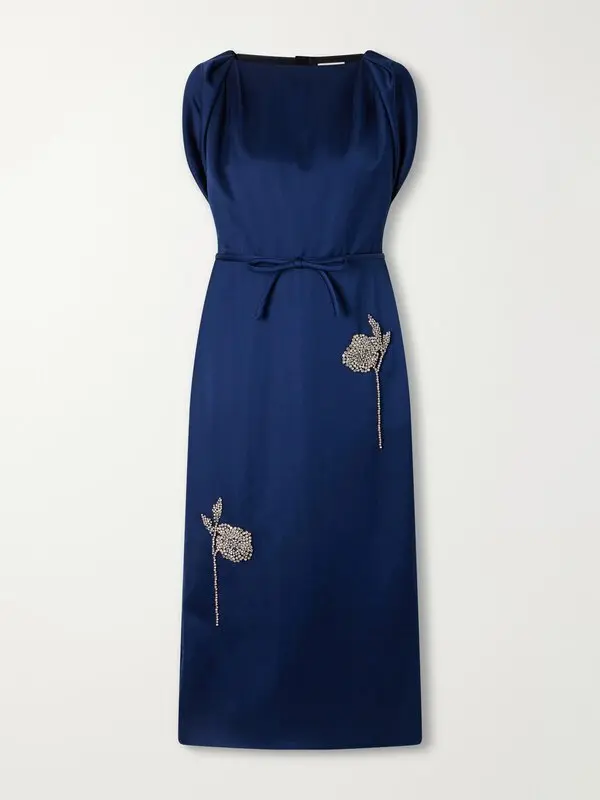 Erdem Embroidered Satin Midi Dress With Bow Detail - Blue