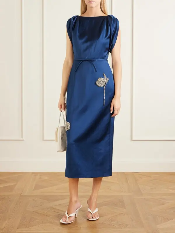 Erdem Embroidered Satin Midi Dress With Bow Detail
