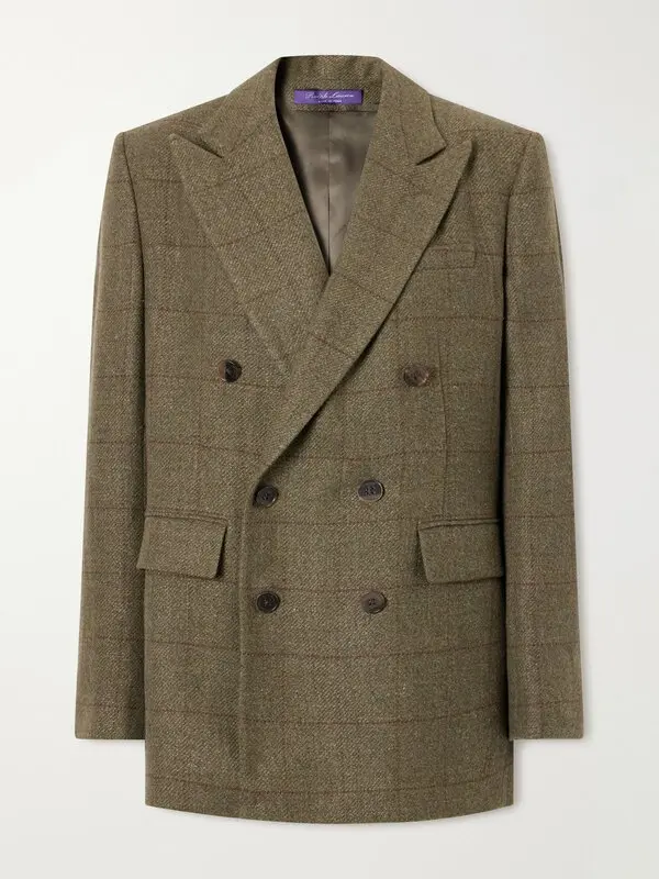 Ralph Lauren Ramona Double-breasted Windowpane Linen, Cashmere And Silk-blend Blazer - Green