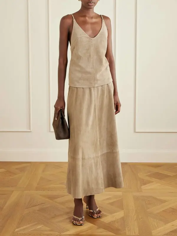 ST. AGNI Paneled Suede Midi Skirt
