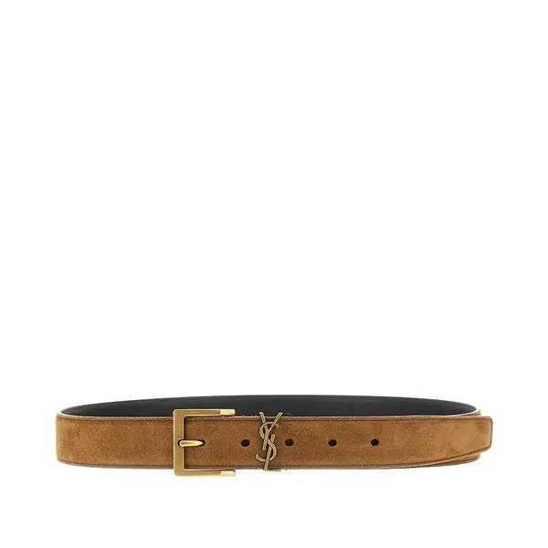 Saint Laurent Suede Leather Belt With Cassandre Logo - Brown