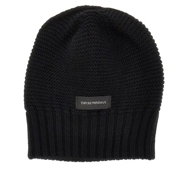 Emporio Armani Knitted Beanie Hat With Logo Label - Black