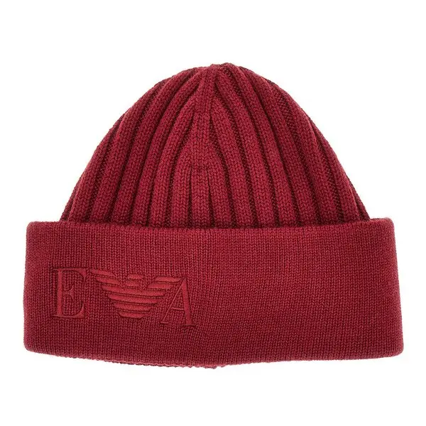 Emporio Armani Knitted Beanie Hat With Logo Embroidery - Red