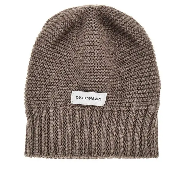Emporio Armani Knitted Beanie Hat With Logo Label - Beige