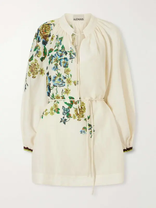 ALEMAIS Phyllis Flower-print Ramie Mini Dress - Cream