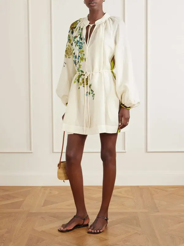 ALEMAIS Phyllis Flower-print Ramie Mini Dress - Cream