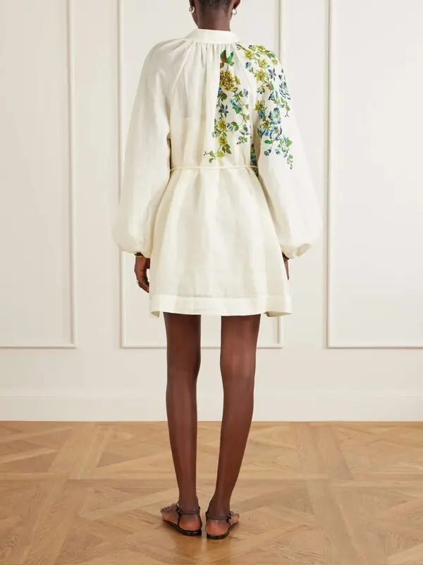 ALEMAIS Phyllis Flower-print Ramie Mini Dress - Cream