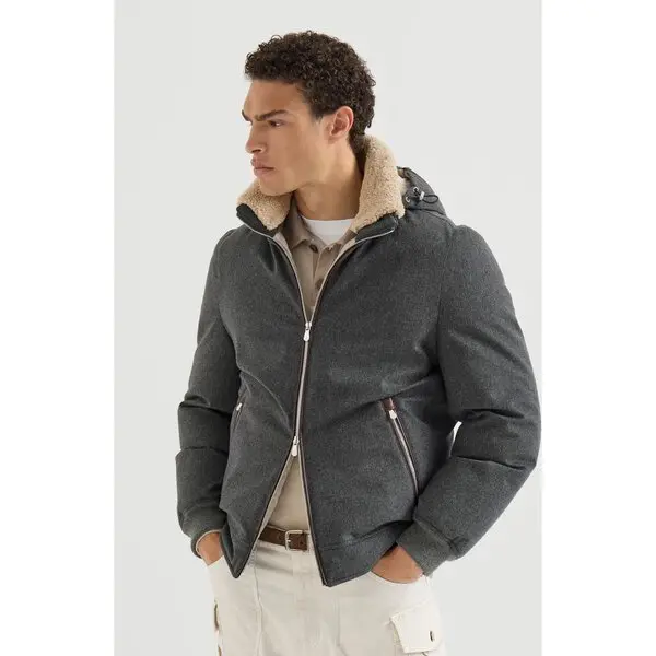Brunello Cucinelli Bonded Wool Flannel Down Jacket With Detachable Hood - Dark Grey