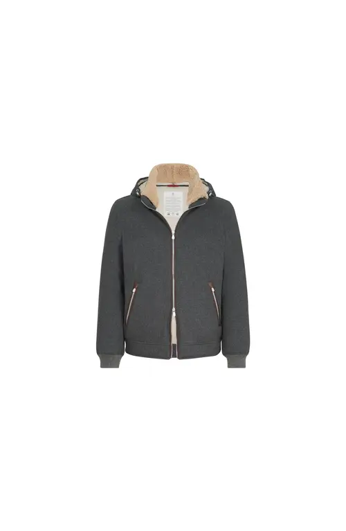 Brunello Cucinelli Bonded Wool Flannel Down Jacket With Detachable Hood - Dark Grey