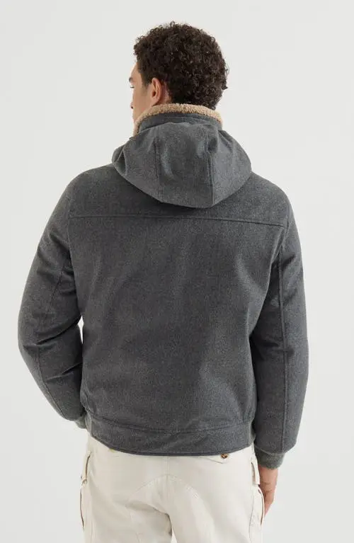 Brunello Cucinelli Bonded Wool Flannel Down Jacket With Detachable Hood - Dark Grey