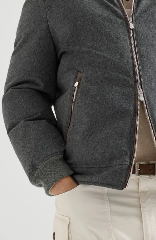 Brunello Cucinelli Bonded Wool Flannel Down Jacket With Detachable Hood - Dark Grey
