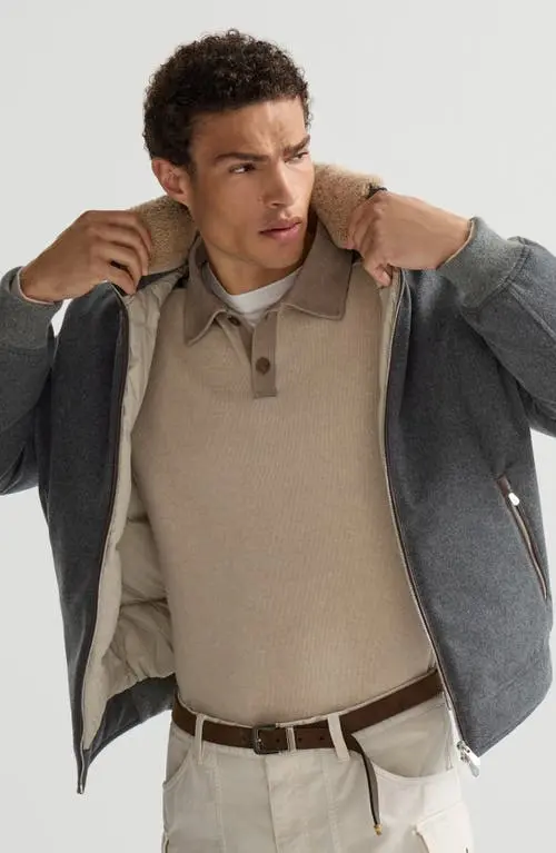Brunello Cucinelli Bonded Wool Flannel Down Jacket With Detachable Hood - Dark Grey