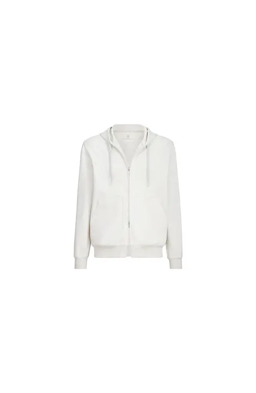 Brunello Cucinelli Techno Cotton French Terry Double Cloth Hooded Sweatshirt With Zipper - White