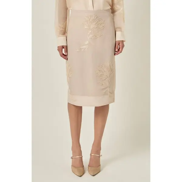 English Factory Beaded Floral Sheer Midi Skirt - Natural