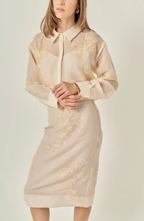 English Factory Beaded Floral Sheer Midi Skirt