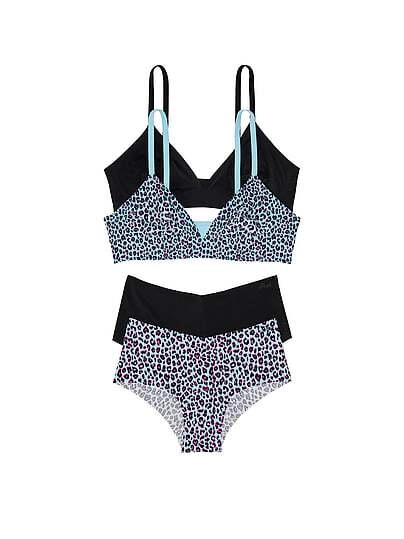 Pink 4-piece Marshmallow Unlined Bralette And No-show Cheeky Set - Print