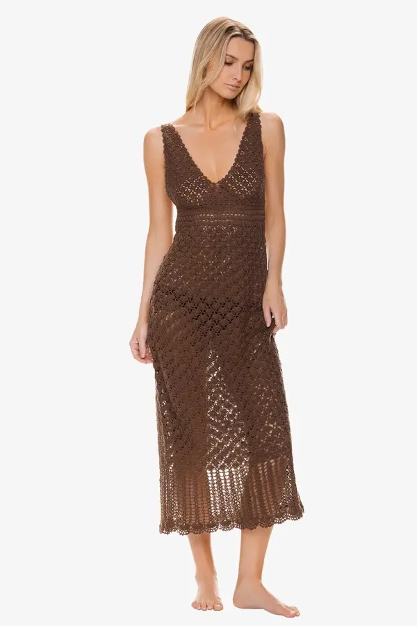 Helen Jon Claudia Crochet Midi Dress - Chocolate Brown