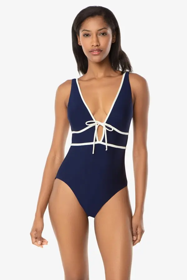 Helen Jon Plunge Front Tie One-piece Swimsuit - Navy Ivory