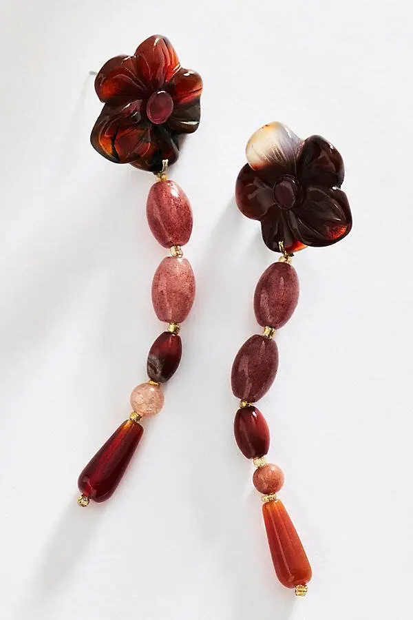 Anthropologie Floral Stone Drop Earrgs - Wine