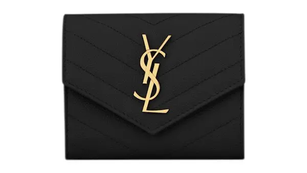 Saint Laurent Cassandre Matelasse Compact Tri Fold Wallet In Grain De Leahter Poudre - Black