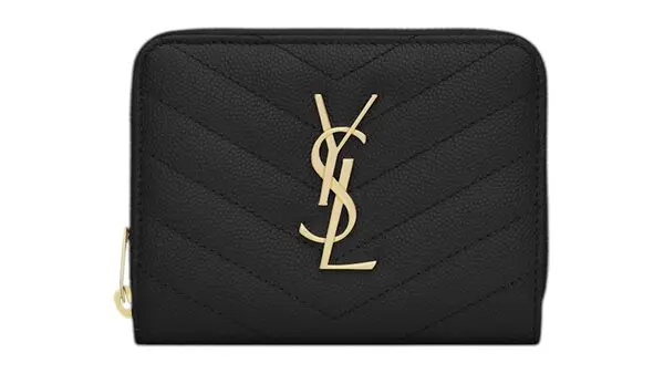Saint Laurent Cassandre Matelasse Compact Zip Around In Grain De Poudre Leather Wallet - Black