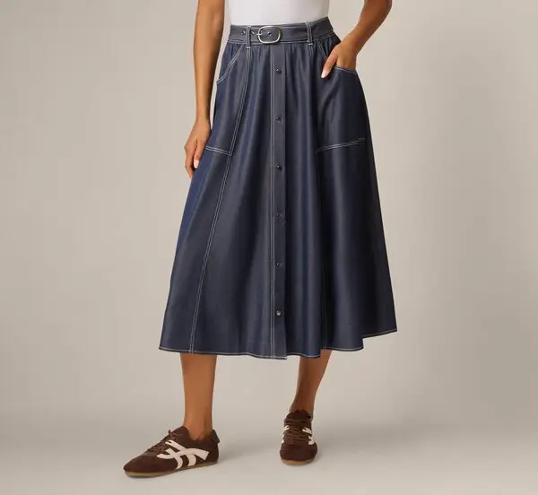 Adrianna Papell Belted A-line Midi Skirt In Washed Denim
