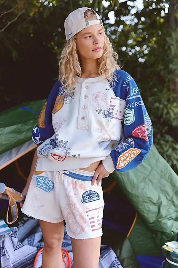 Free People Out Of Your League Henley Sweatshirt - Craft Emb/patch Combo
