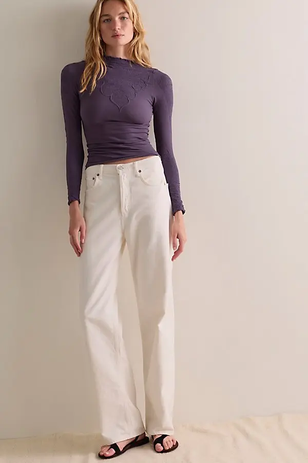 Free People Ribbed Mock Neck Top With Floral Lace Detail - Elderberry