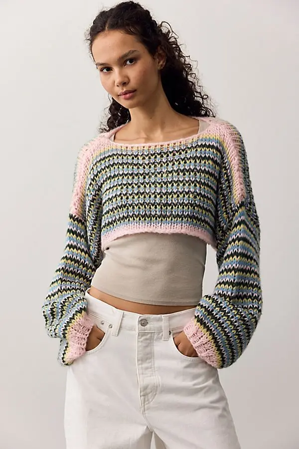 Free People Whimsy Bolero Striped Knit Cropped Sweater - Candy Combo