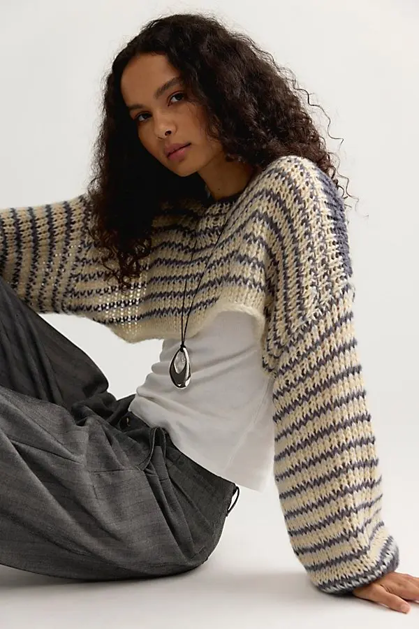 Free People Whimsy Bolero Striped Knit Cropped Sweater - Icicle Combo