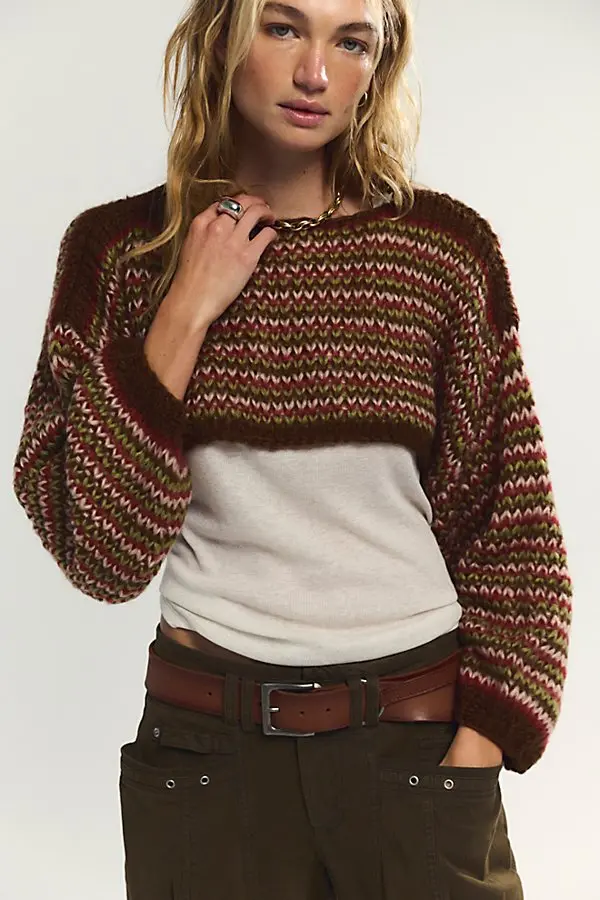 Free People Whimsy Bolero Striped Knit Sweater - New Combo