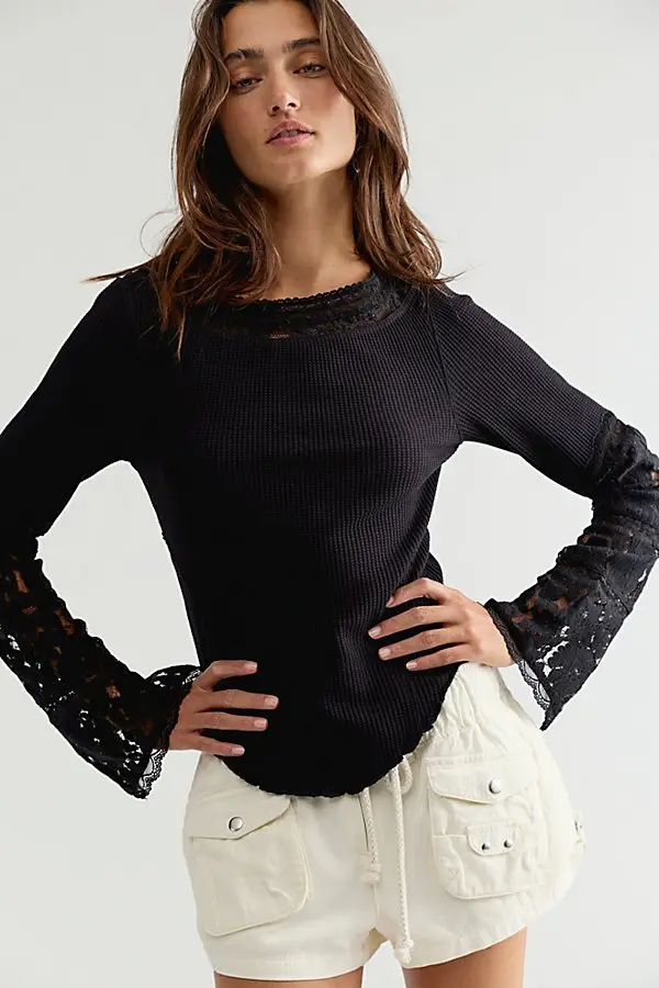Free People Amber Lace Cuff Long Sleeve Top - Black