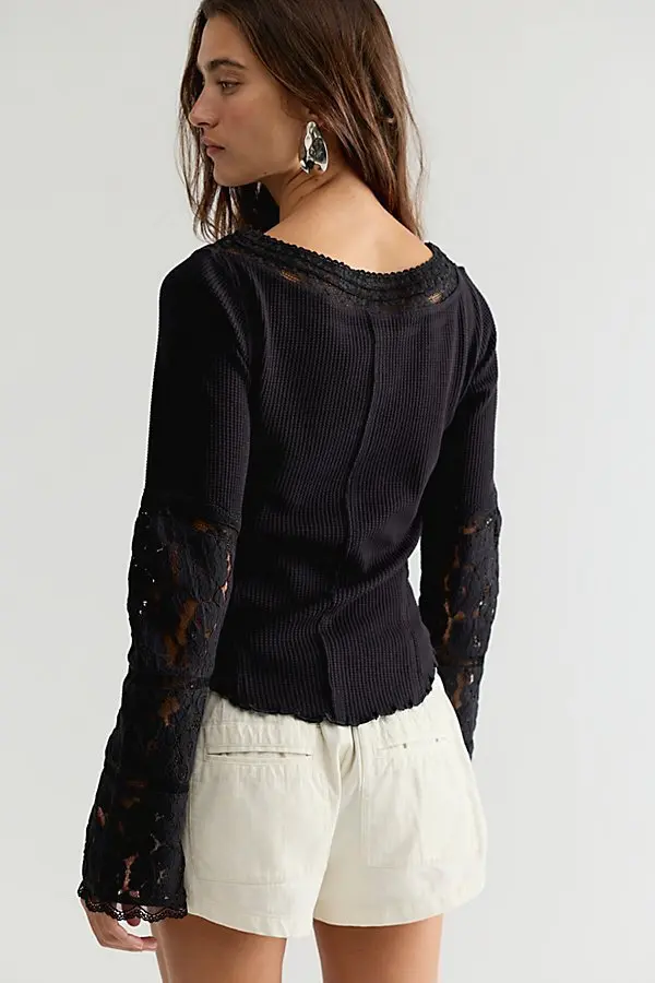 Free People Amber Lace Cuff Long Sleeve Top - Black