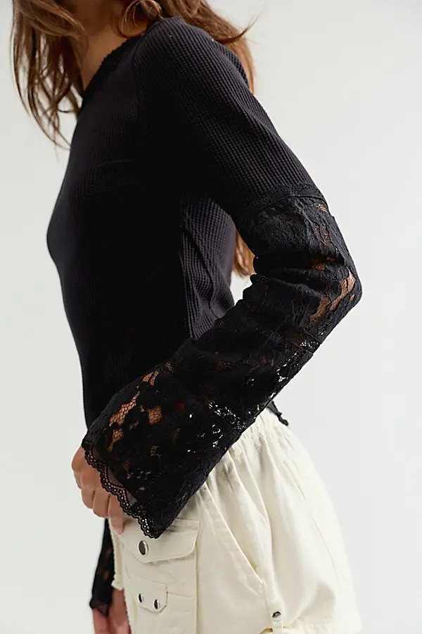 Free People Amber Lace Cuff Long Sleeve Top - Black