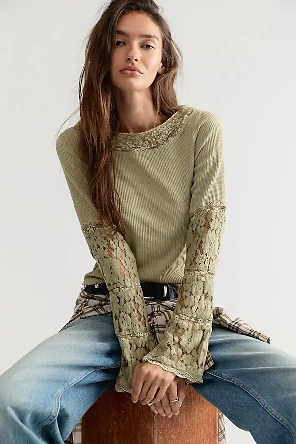 Free People Amber Lace Cuff Long Sleeve Top - Palm Stone