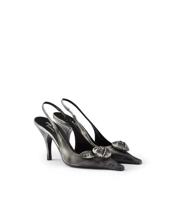 Prada Leather Slingback Pumps With Floral Appliqu - White
