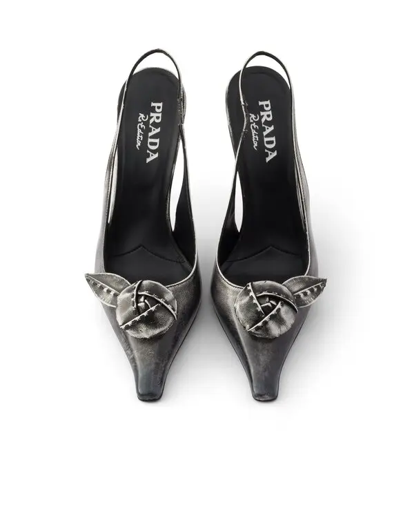 Prada Leather Slingback Pumps With Floral Appliqu - White